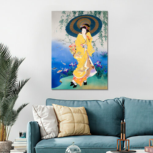 Картина интерьерная-Гейша с зонтиком в жёлтом кимоно 20х30