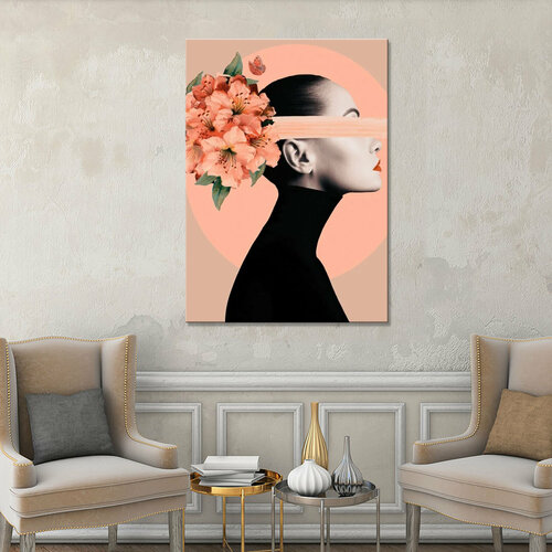 Картина интерьерная-Девушка цветы розовый фон 60х80