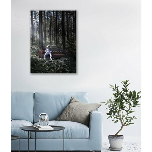 Картина на холсте для интерьера на стену - Космонавт в лесу на диване-Cosmonaut in the woods on the couch 20х30