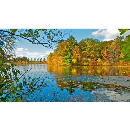 Картина на холсте 60x110 Альянс Лес "Осень отражение озеро" на подрамнике / интерьер/ декор