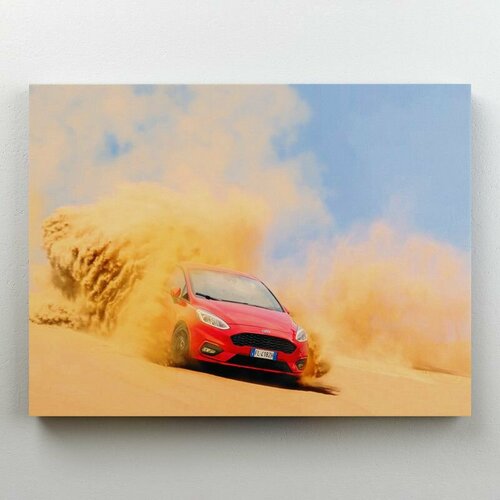 Интерьерная картина на холсте "Красный автомобиль Ford Focus в пустыне" размер 30x22 см