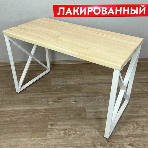 Стол кухонный Loft с лакированной столешницей из массива сосны 40 мм и белыми металлическими крестообразными ножками, 100х80х75 см
