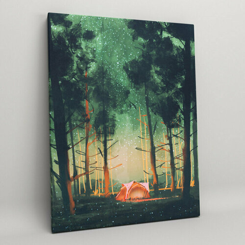 Картина на холсте (интерьерный постер) "иллюстрация палатка в звездном лесу", с деревянным подрамником, размер 22x30 см