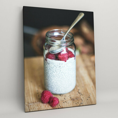 Картина на холсте (интерьерный постер) "Йогурт с малиной" для кухни, кафе и ресторанов, с деревянным подрамником, размер 30x40 см