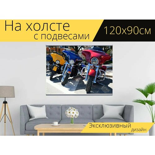 Картина на холсте "Мотоцикл, транспорт, байкер" с подвесами 120х90 см. для интерьера