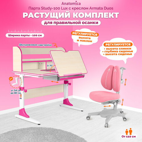 Комплект Anatomica парта + кресло, цвет клен/розовый с розовым креслом