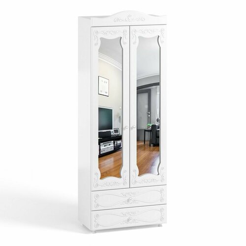 Шкаф 2 дв (410) с 2 Малыми зеркальными дверьми и ящиками Катрин-К ИТ-45 Италия Белое дерево