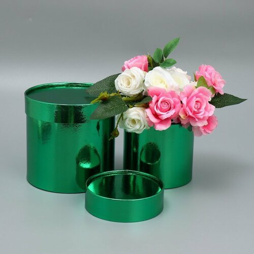 Набор коробок 2в1 круглые «Однотонный», зелёный металлик, 12 х 12, 15 х 15 см