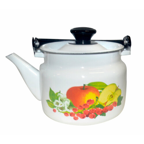 Чайник эмалированный с крышкой для газовой и индукционной плиты, объем 2 л, цвет белый, орнамент фрукты
