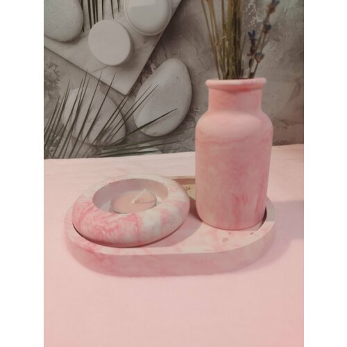 Набор декоративный с вазой 9.8 см и подсвечником GipswithLOVE, Гипс, Розовый