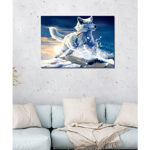 Картина - белый волк, волк с ожерельем, волк бежит, волк в снегу, волк 30х40