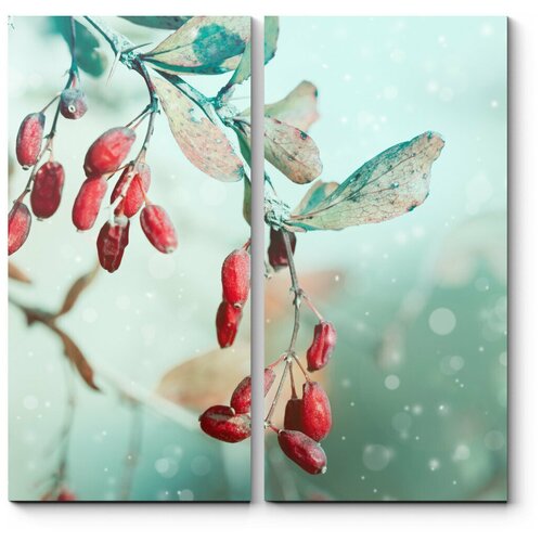 Модульная картина Красные ягоды, припорошенные снежком 100x100