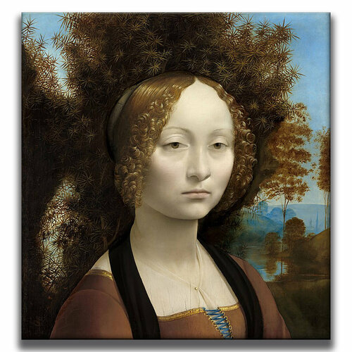 Картина для интерьера на холсте Леонардо да Винчи «Портрет Джиневры де Бенчи» 70х72, холст без подрамника