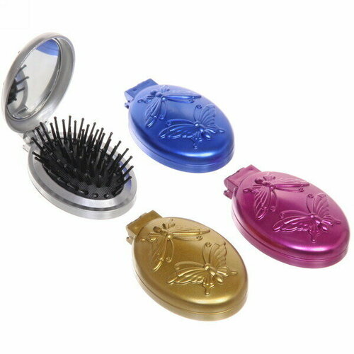Расческа для волос массажная складная с зеркалом «Beauty Room», овал, узор бабочка, микс 4 цвета, 9*5,5см