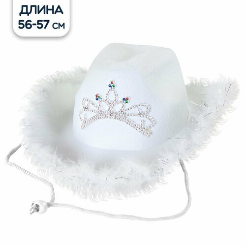Карнавальный головной убор Riota шляпа фетровая, Кантри Гламур, с перьями и короной, белый, 56-57 см