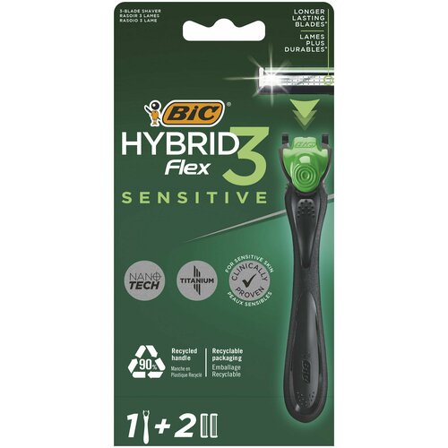 Мужская бритва BIC Hybrid 3 Flex Sensitive с плавающей головкой, бритвенный станок для мужчин + 2 сменные кассеты.