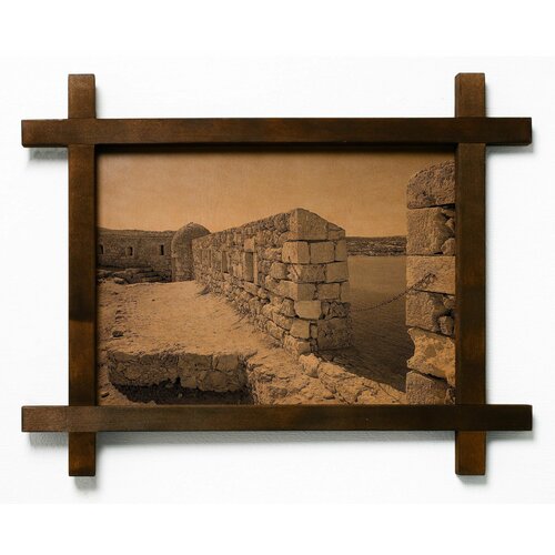 Картина Крепость Фортецца в Ретимно, Греция, гравировка на натуральной коже в деревянной раме, подарок, BoomGift