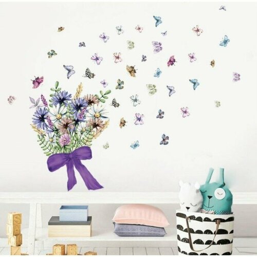 Наклейка пластик интерьерная цветная "Букет полевых цветов с бабочками" 30х90 см .