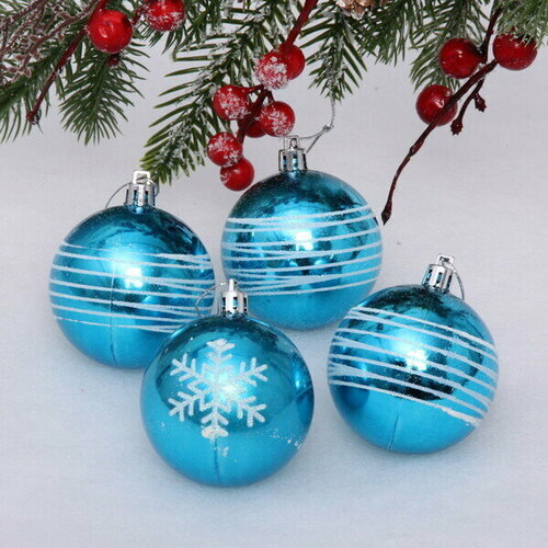Новогодние шары 6 см (набор 4 шт) «Снежные нити», голубой/белый