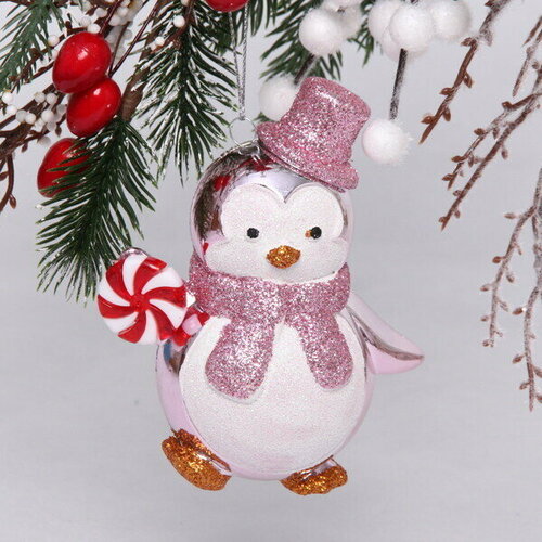 Ёлочная игрушка «Пингвин с леденцом» 10*6*11 см, розовый