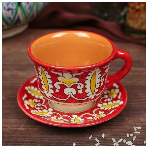 Чайная пара Риштанская Керамика 100мл (тарелка 10см чашка 7,5см) красная