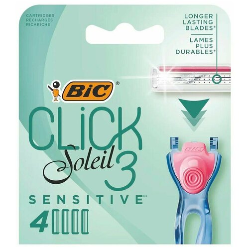 Сменные кассеты для бритья 3 лезвия BIC Click 3 Soleil Sensitive сменные лезвия для женской бритвы набор из 4 шт