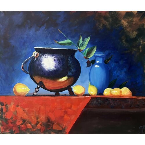 Картина маслом Синяя ваза с лимонами по мотивам Девида Чифиса, ручная работа, размер 50*60