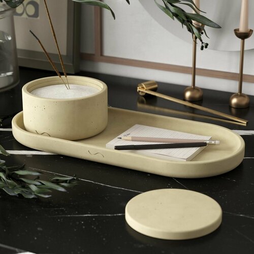 Подставка под благовония и поднос (набор Astrid 24: поднос XL, емкость M с крышкой, песок), бетон, кремовый матовый