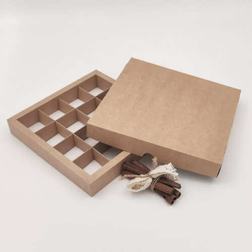 Коробка для конфет 16 ячеек Крафт 184х182х26 мм (10 шт) самосборная
