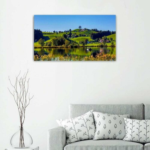 Картина на холсте 60x110 LinxOne "Небо холмы деревья озеро дома" интерьерная для дома / на стену / на кухню / с подрамником