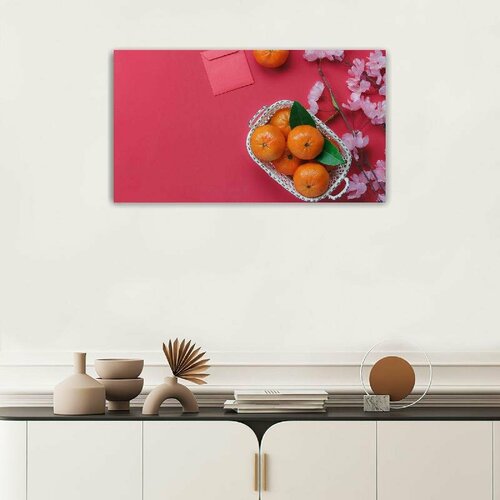 Картина на холсте 60x110 LinxOne "Цветы Сакура Цитрус Мандарин" интерьерная для дома / на стену / на кухню / с подрамником
