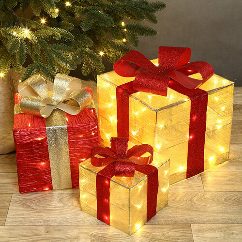 Koopman Светящиеся подарки под елку Barrois Gold 17-28 см, 3 шт, 90 теплых белых LED, таймер, на батарейках ACW005250