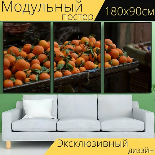 Модульный постер "Апельсины, фрукты, рынок" 180 x 90 см. для интерьера