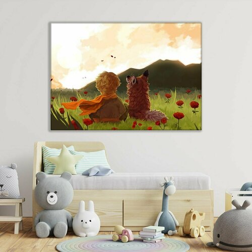 Картина на холсте (Мальчик и лис на на поле с алыми розами, из книги) 30 40 см/для интерьера/в комнату/на стену/в подарок