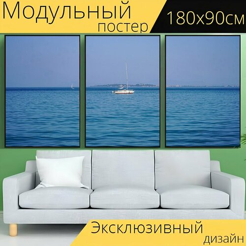 Модульный постер "Озеро гарда, лодка на озере, ломбардия" 180 x 90 см. для интерьера