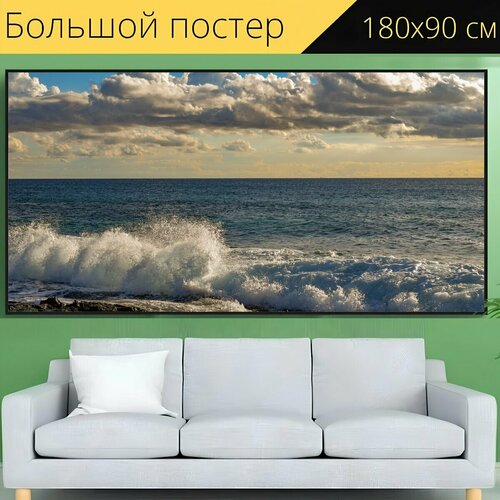 Большой постер "Морской берег, волна, небо" 180 x 90 см. для интерьера