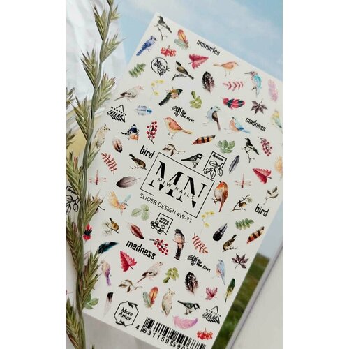 MIW Nails "Слайдеры для ногтей" водные наклейки для дизайна #W-31 цветной птицы, перо, листья