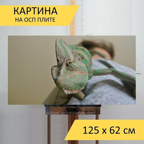 Картина на ОСП 125х62 см. "Хамелеон, глаз, рептилия" горизонтальная, для интерьера, с креплениями