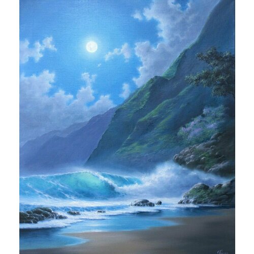 Картина маслом ручной работы "Луна и океан", холст 50х60 см, для интерьера