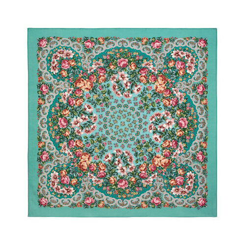 Платок Павловопосадская платочная мануфактура,125х125 см, бирюзовый, голубой