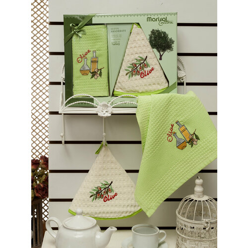 Комплект вафельных полотенец (50х70, 50х50) 8417 Marisol Olive Meteor (кремовый-зеленый), Комплект полотенец