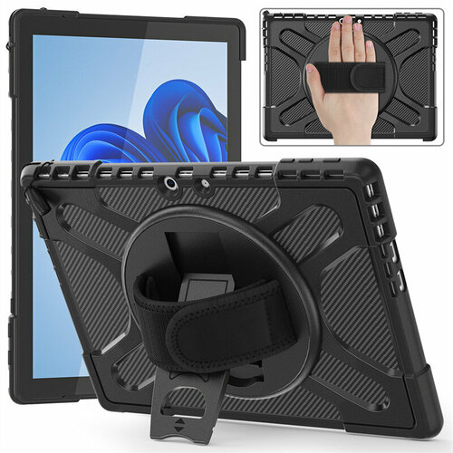 Чехол-бампер MyPads с усиленной защитой углов и необычным экстремальным дизайном для Microsoft Surface Pro 9 с держателем для руки в черном цвете