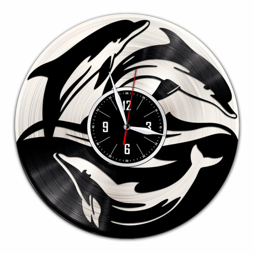Дельфины - настенные часы из виниловой пластинки (с серебряной подложкой)