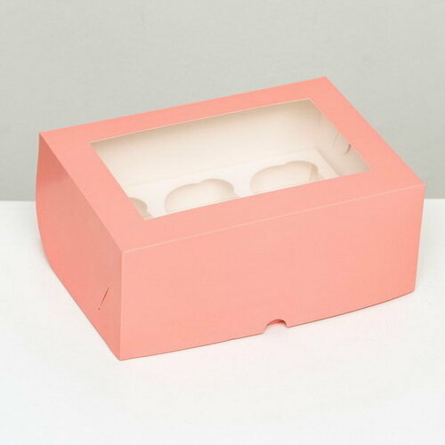 Упаковка на 6 капкейков с окном, розовая, 25 x 17 x 10 см