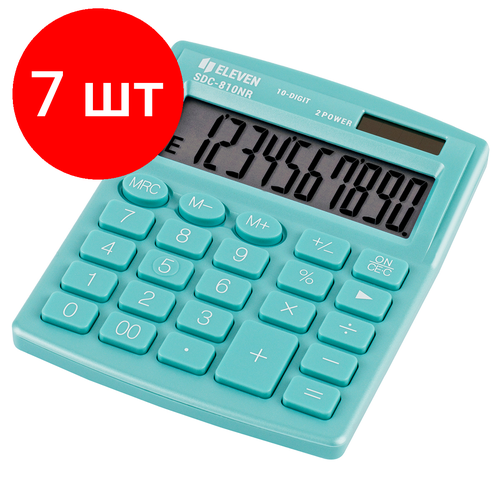 Комплект 7 шт, Калькулятор настольный Eleven SDC-810NR-GN, 10 разрядов, двойное питание, 127*105*21мм, бирюзовый
