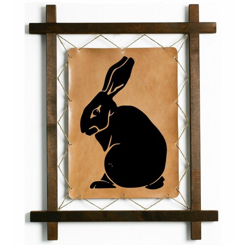 Картина Кролик гравировка на натуральной коже, интерьерная для украшения и декора на стену в деревянной раме, подарок, BoomGift