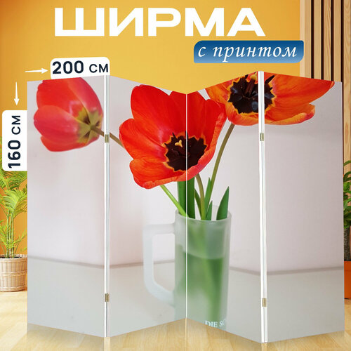 Ширма перегородка с принтом "Тюльпаны, цветы, ваза" на холсте - 200x160 см. для зонирования, раскладная