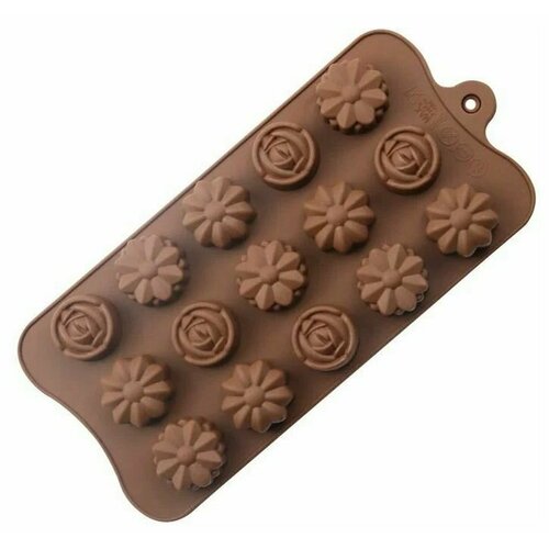 Форма для льда, шоколада и кондитерских украшений "Цветы", 15 ячеек, 21,2х10,4х1,5 см, силикон, цвет шоколадный