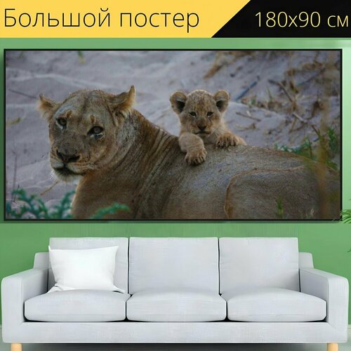 Большой постер "Львица, мать и ребенок, львы" 180 x 90 см. для интерьера