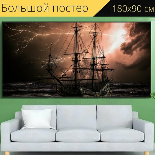 Большой постер "Буря, море, судно" 180 x 90 см. для интерьера